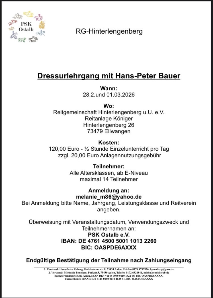 Lehrgang: 28.02.2026 & 01.03.2026 - Dressurlehrgang mit Hans-Peter ...
